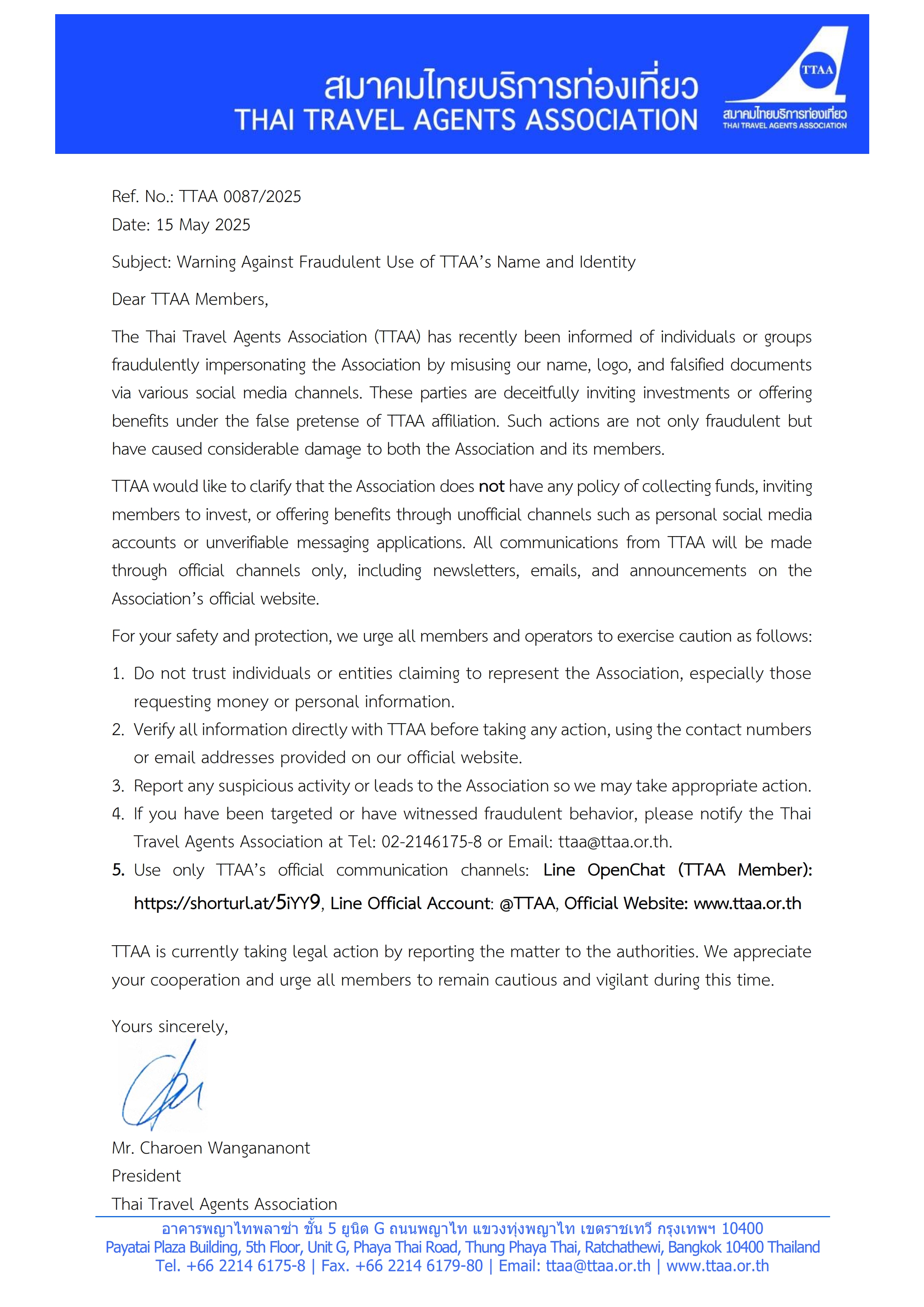 TTAA : Warning Against Fraudulent Use of TTAA’s Name and Identity